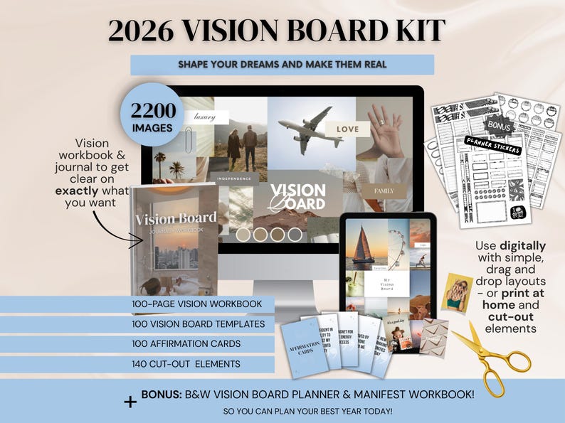 2026 Vision Board Kit, Editable & Printable Templates With Affirmations ...