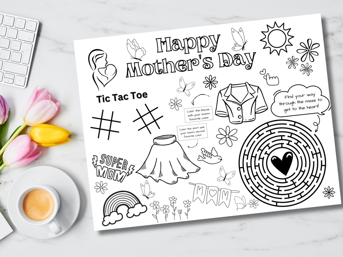 Mother’s Day Activity Placemat, Kids Coloring & Craft Sheet, Printable ...