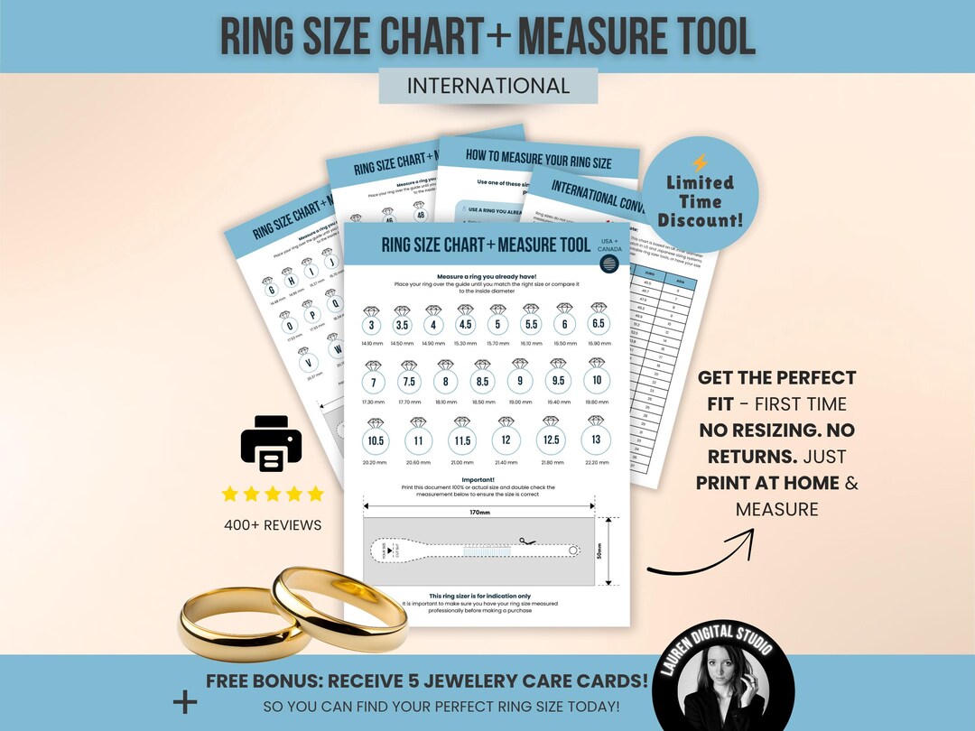 Printable Ring Size Chart and Measuring Tool, International Ring Sizer ...