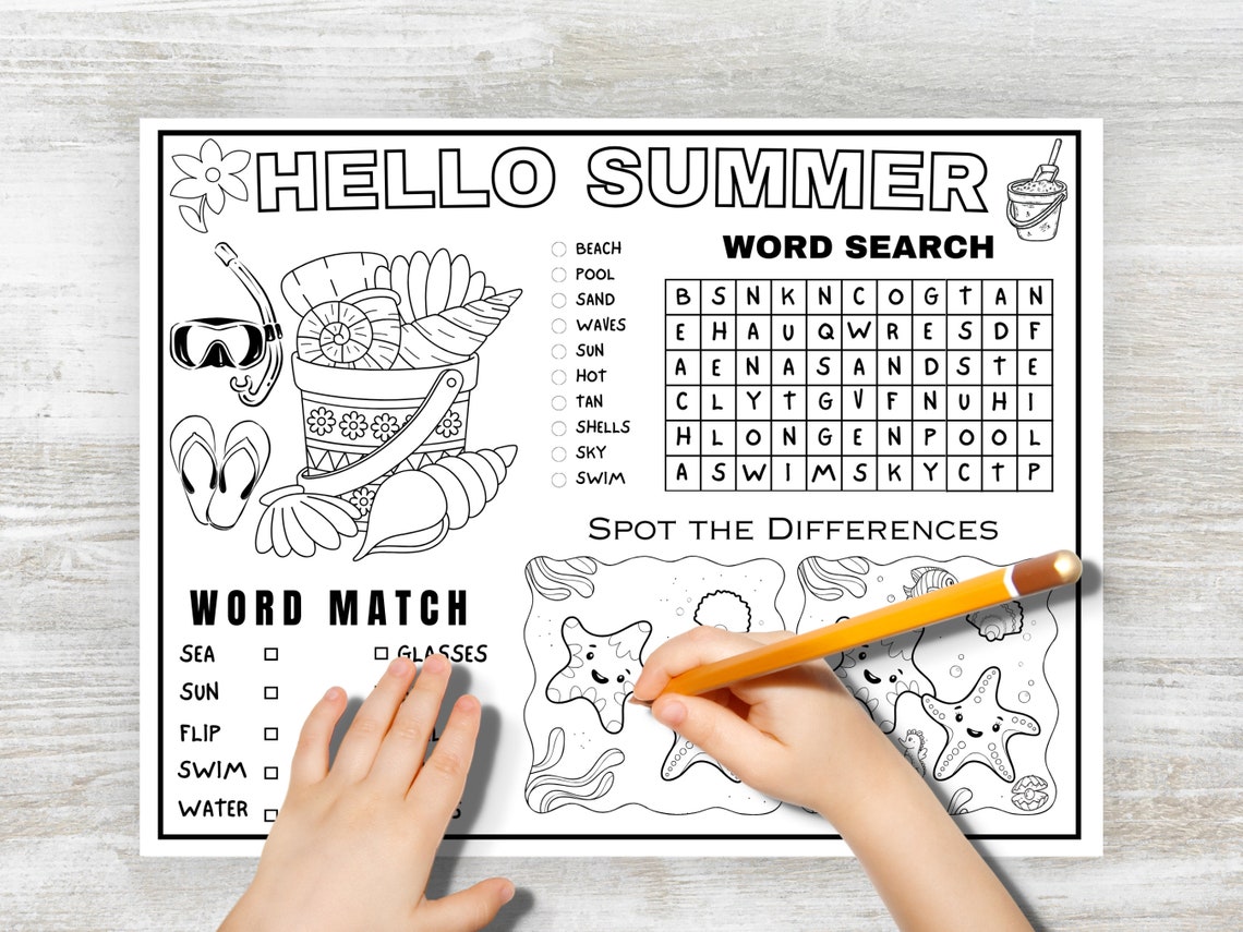 Kid's Summer Activity Placemat, Summer Coloring Page Craft, Summer ...