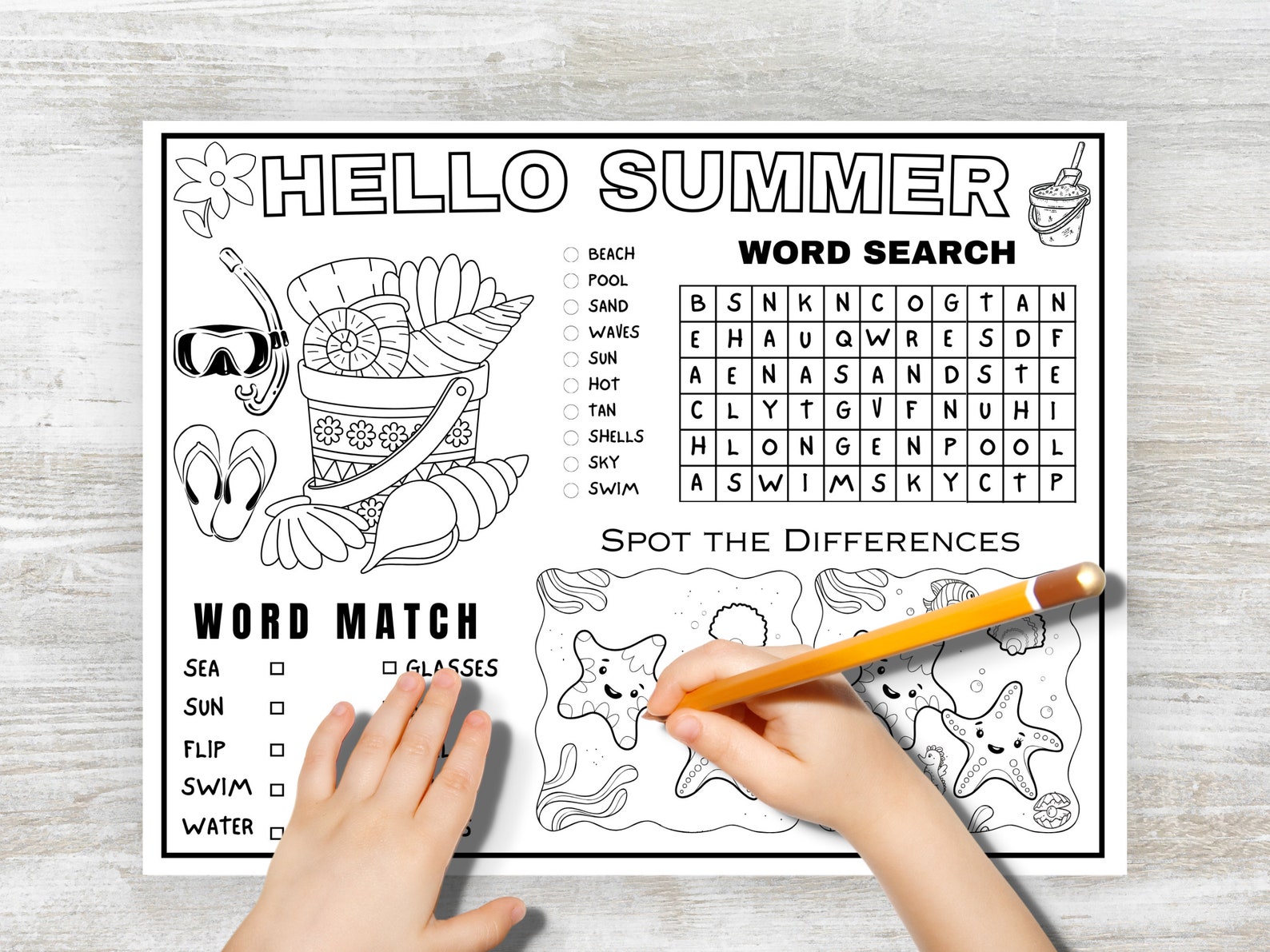Kid's Summer Activity Placemat, Summer Coloring Page Craft, Summer ...