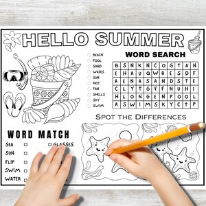 Kid's Summer Activity Placemat, Summer Coloring Page Craft, Summer ...