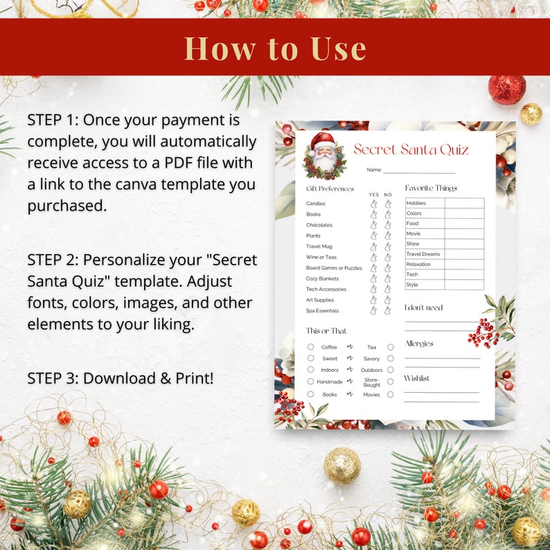 Secret Santa Quiz, Editable Secret Santa Questionnaire, Secret Santa ...