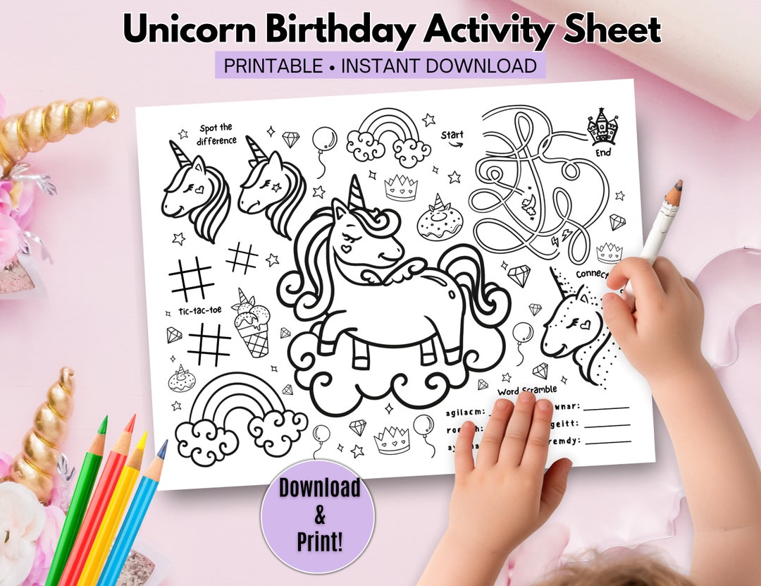Unicorn Birthday Party Activity Sheet, Coloring Page Craft Placemat ...
