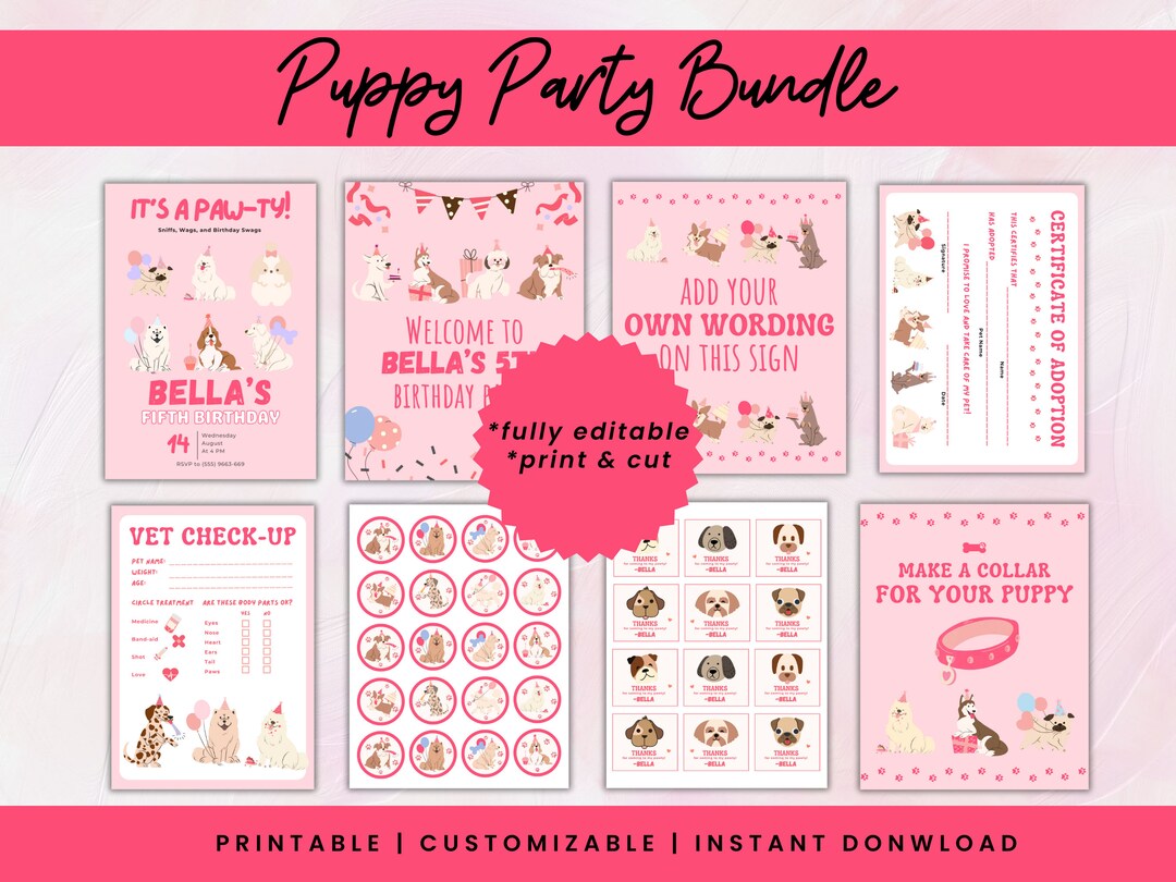 Editable Puppy Party Bundle for Girls, Puppy Party Birthday Invitation ...