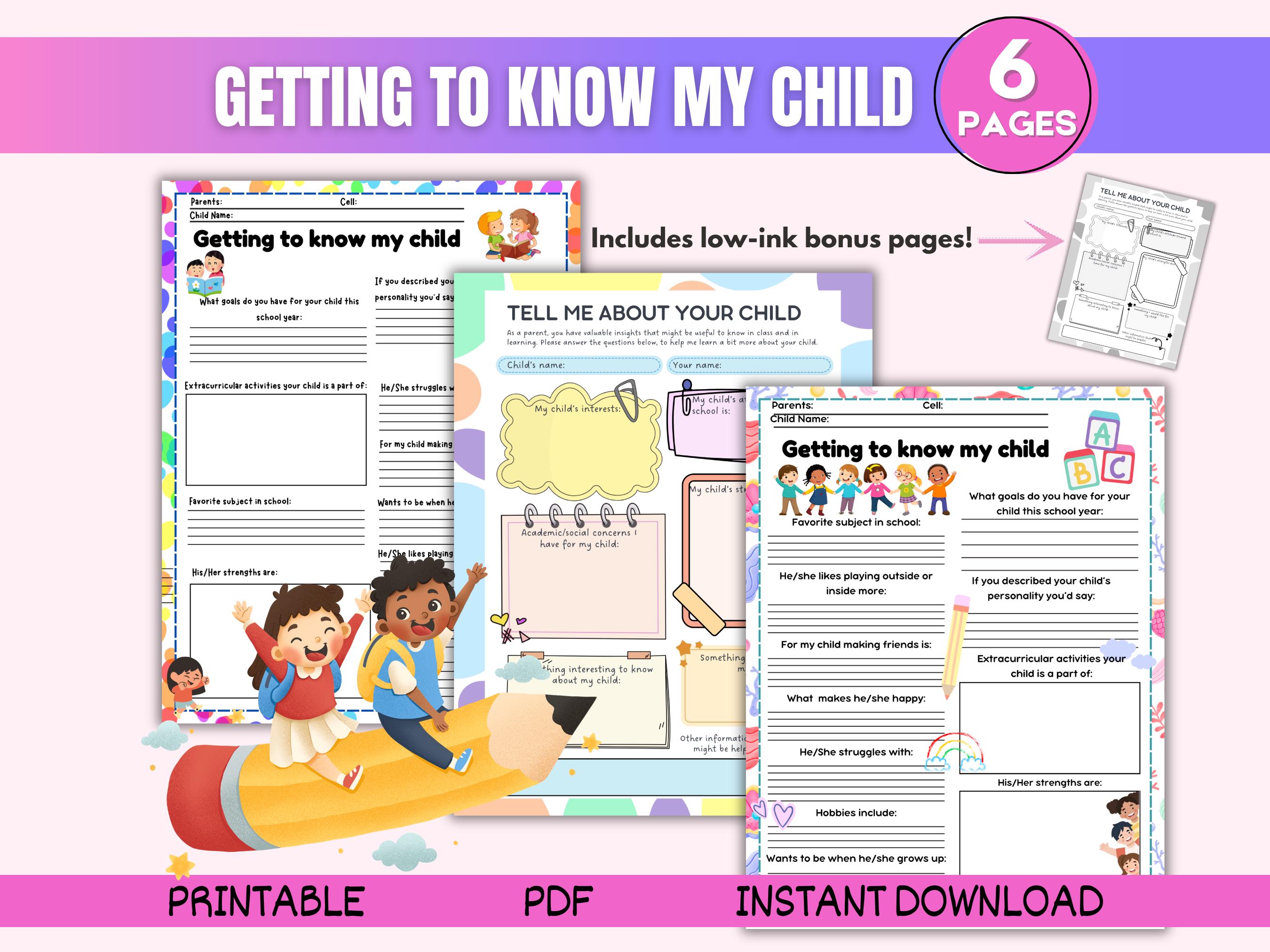 Getting to Know Your Child Printable, Back to School Form, Parent ...
