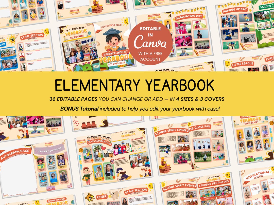 Elementary Yearbook Template, Editable Canva School Memory Book, End-of ...