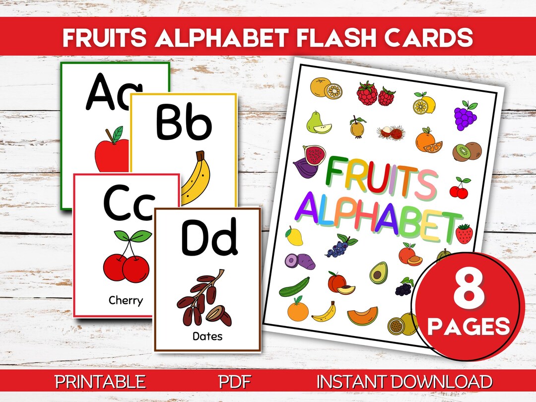 Alphabet Flashcards Printable, Letter Flashcards, A-Z Fruit Flashcards ...