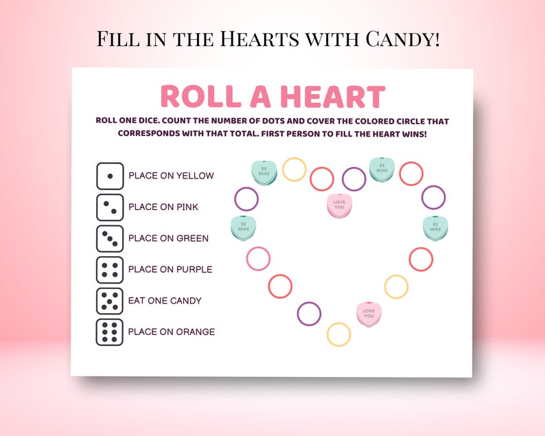 Valentine’s Roll-a-heart Game Printable, Valentine Party Game, School ...