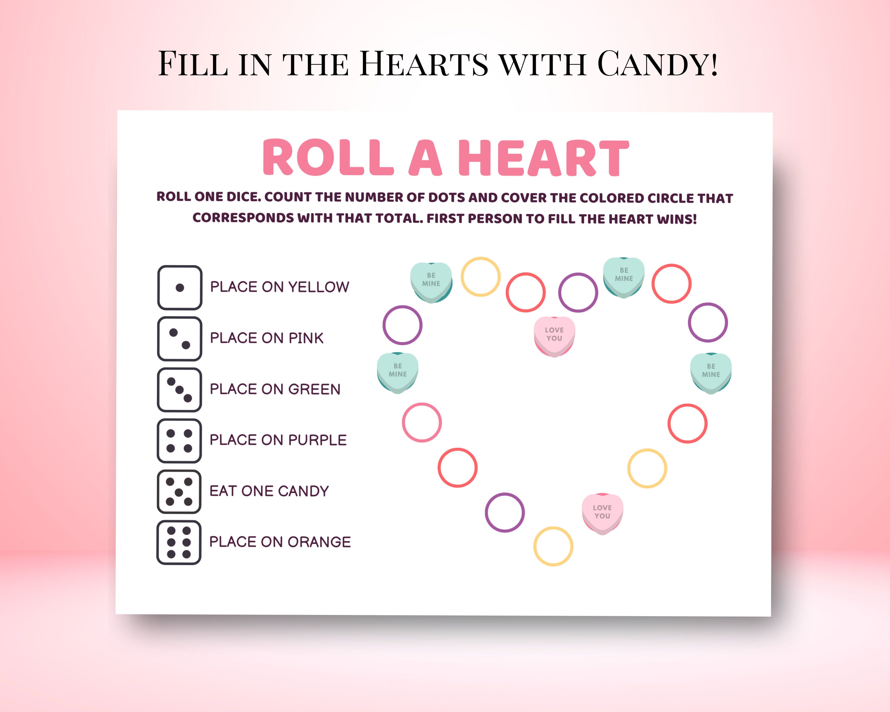 Valentine’s Roll-a-heart Game Printable, Valentine Party Game, School ...