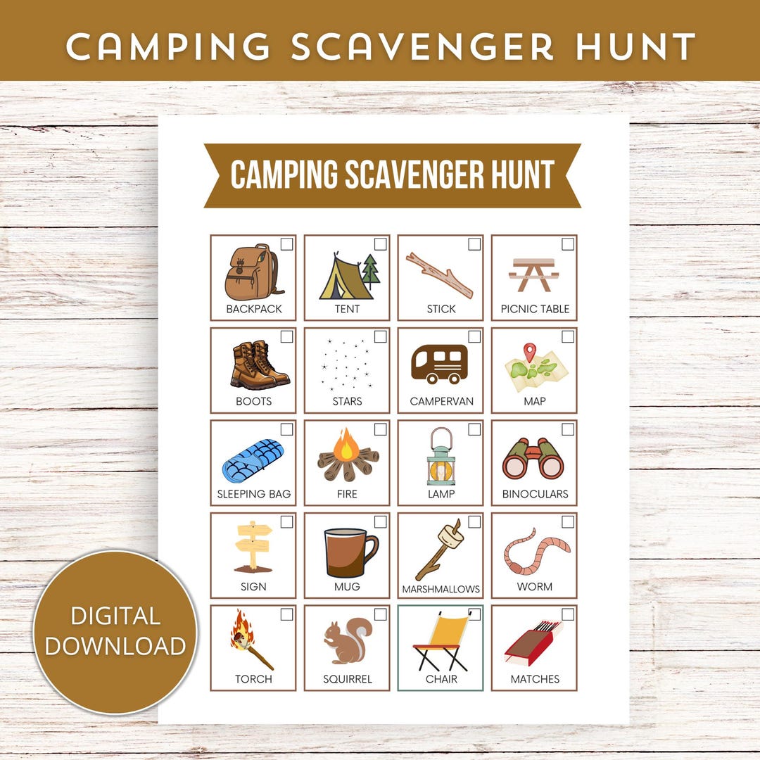 Camping Scavenger Hunt Game, Outdoor Treasure Hunt Printable for Kids ...