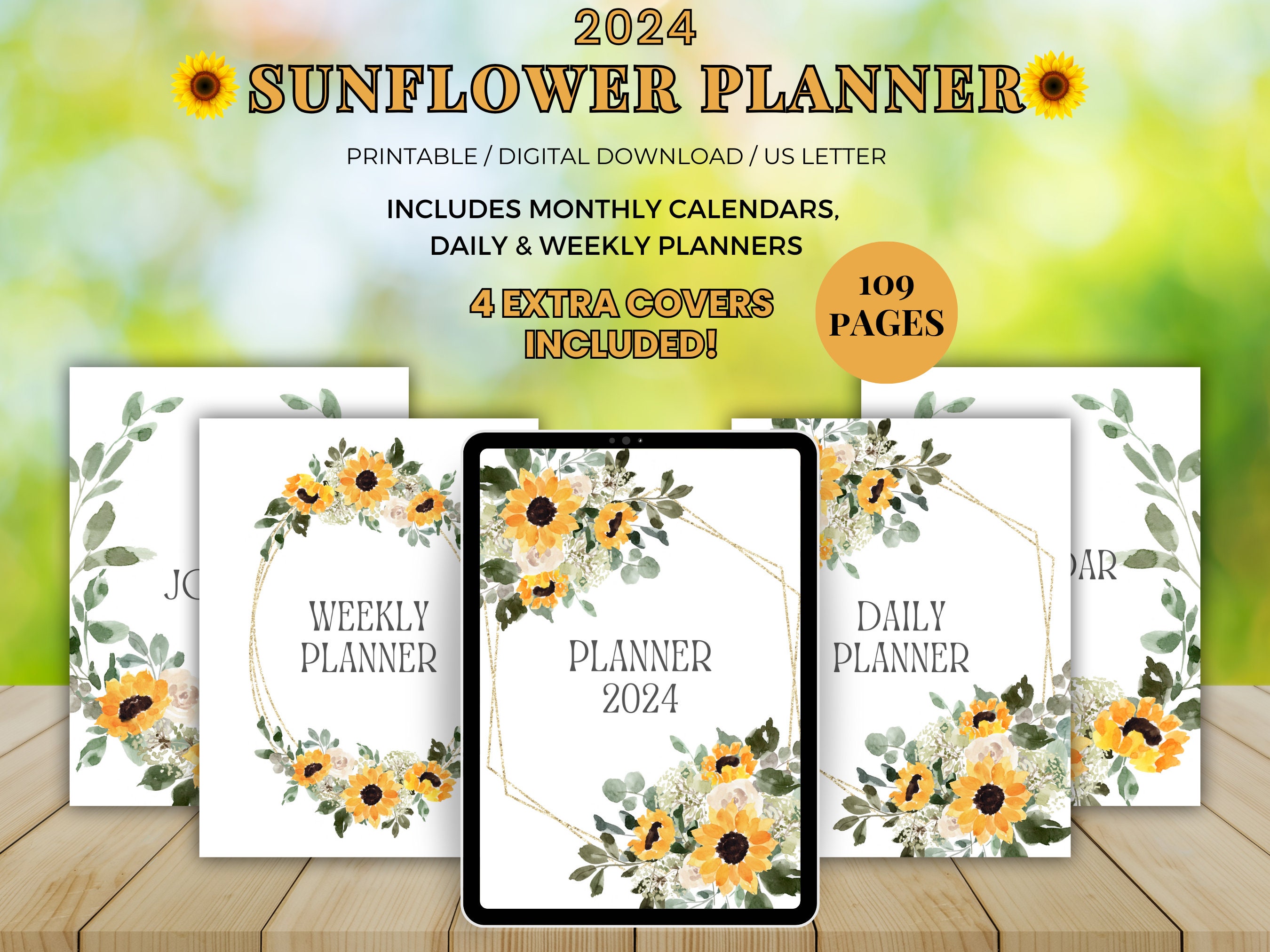 2024 Printable Calendar & Planner Bundle, Sunflower Daily and Weekly ...