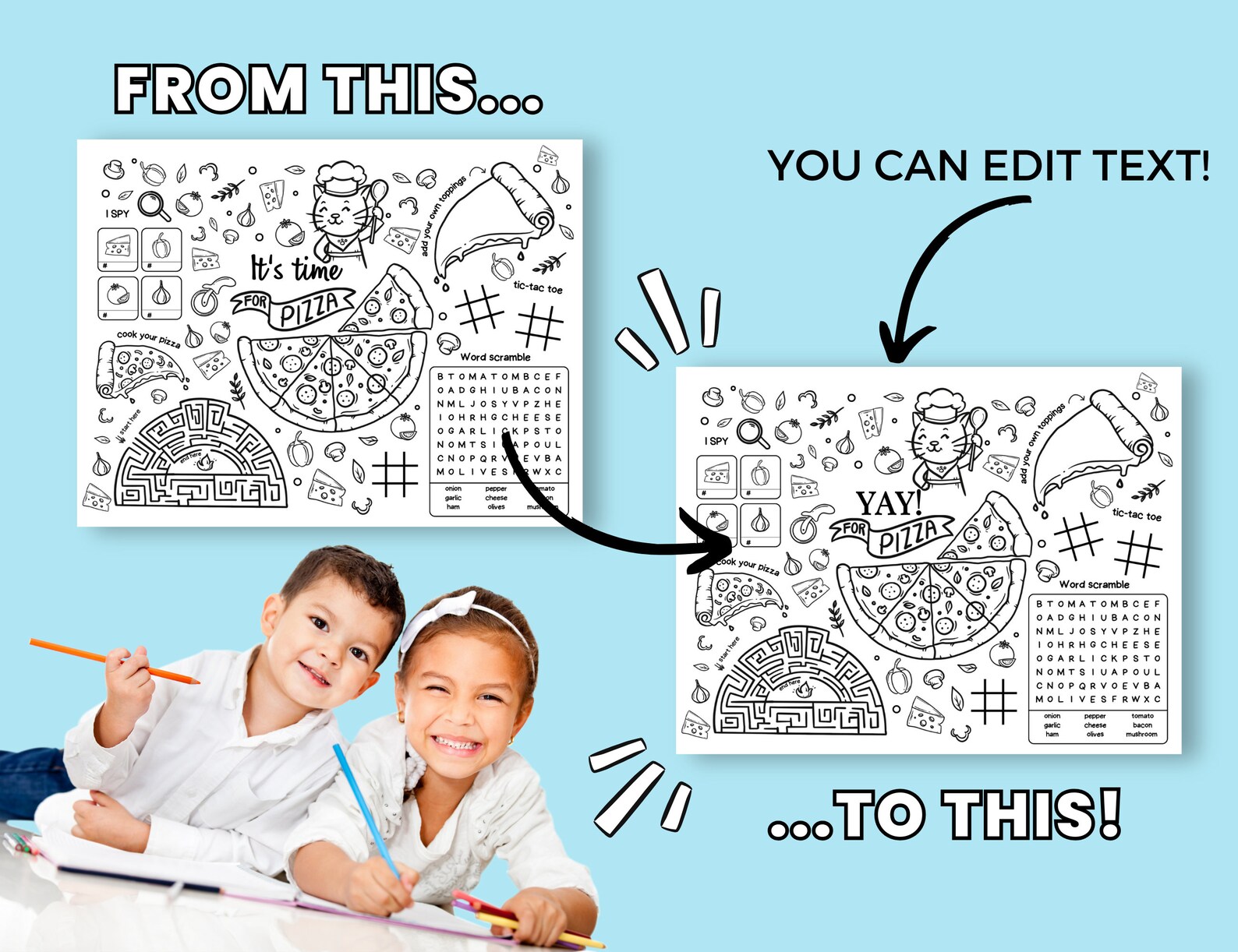 CUSTOM Pizza Birthday Party Activity Placemat, Coloring Placemat Craft ...