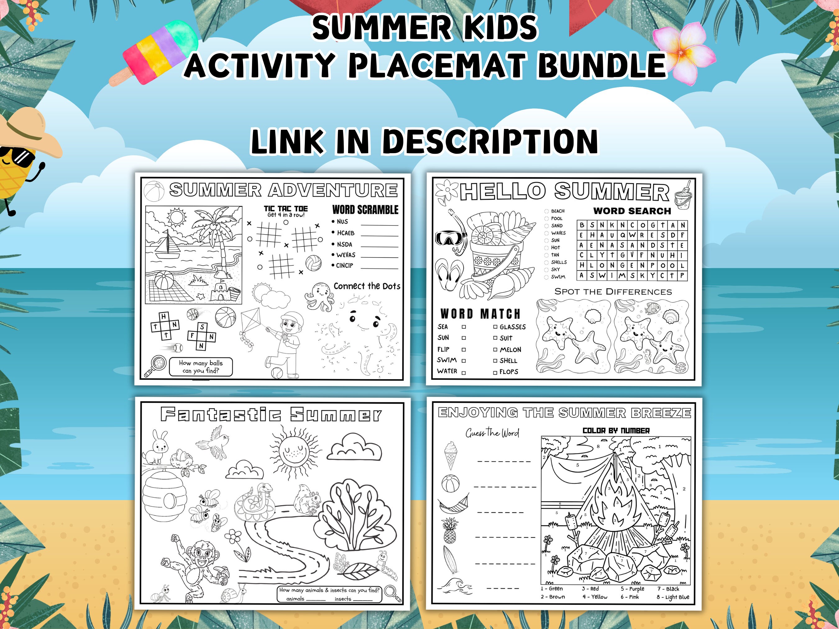 Kid's Summer Activity Placemat, Summer Coloring Page Craft, Summer ...