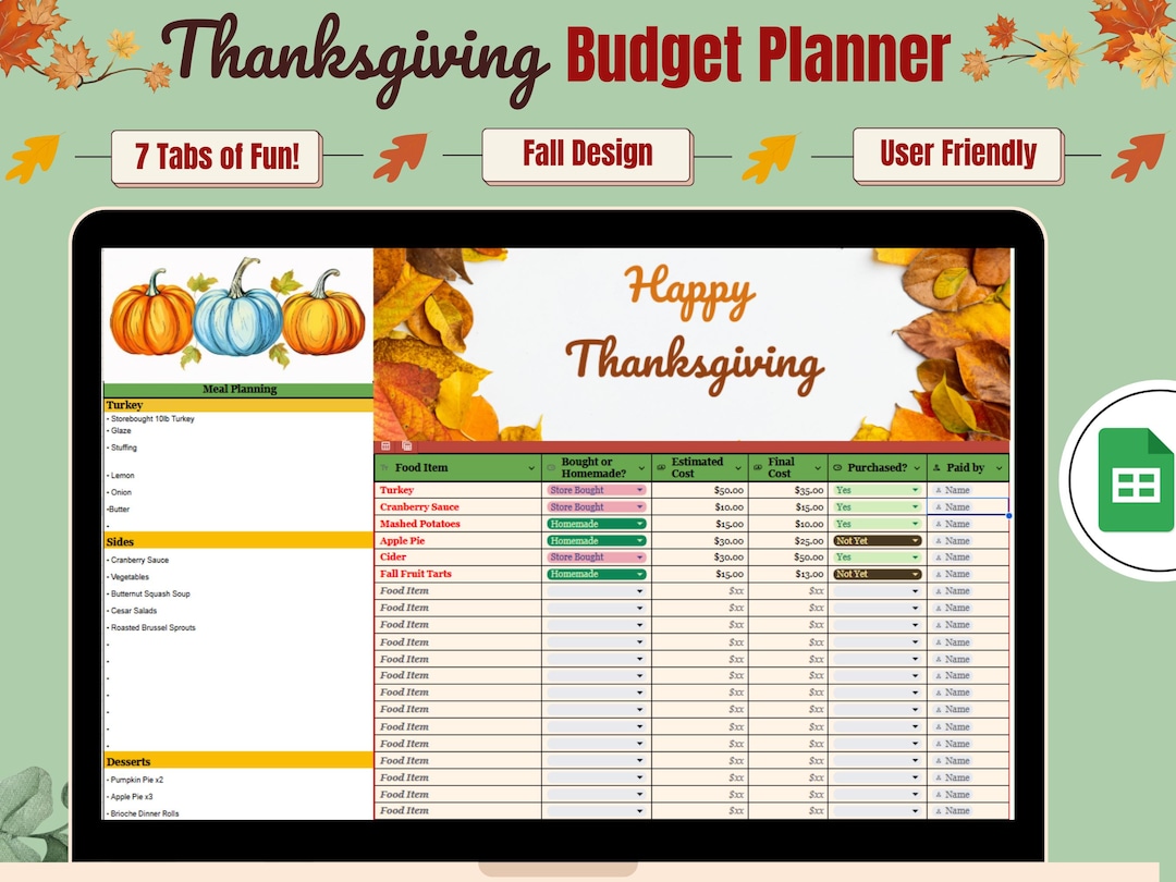 Thanksgiving Planner Spreadsheet – Holiday Meal & Budget Planner ...