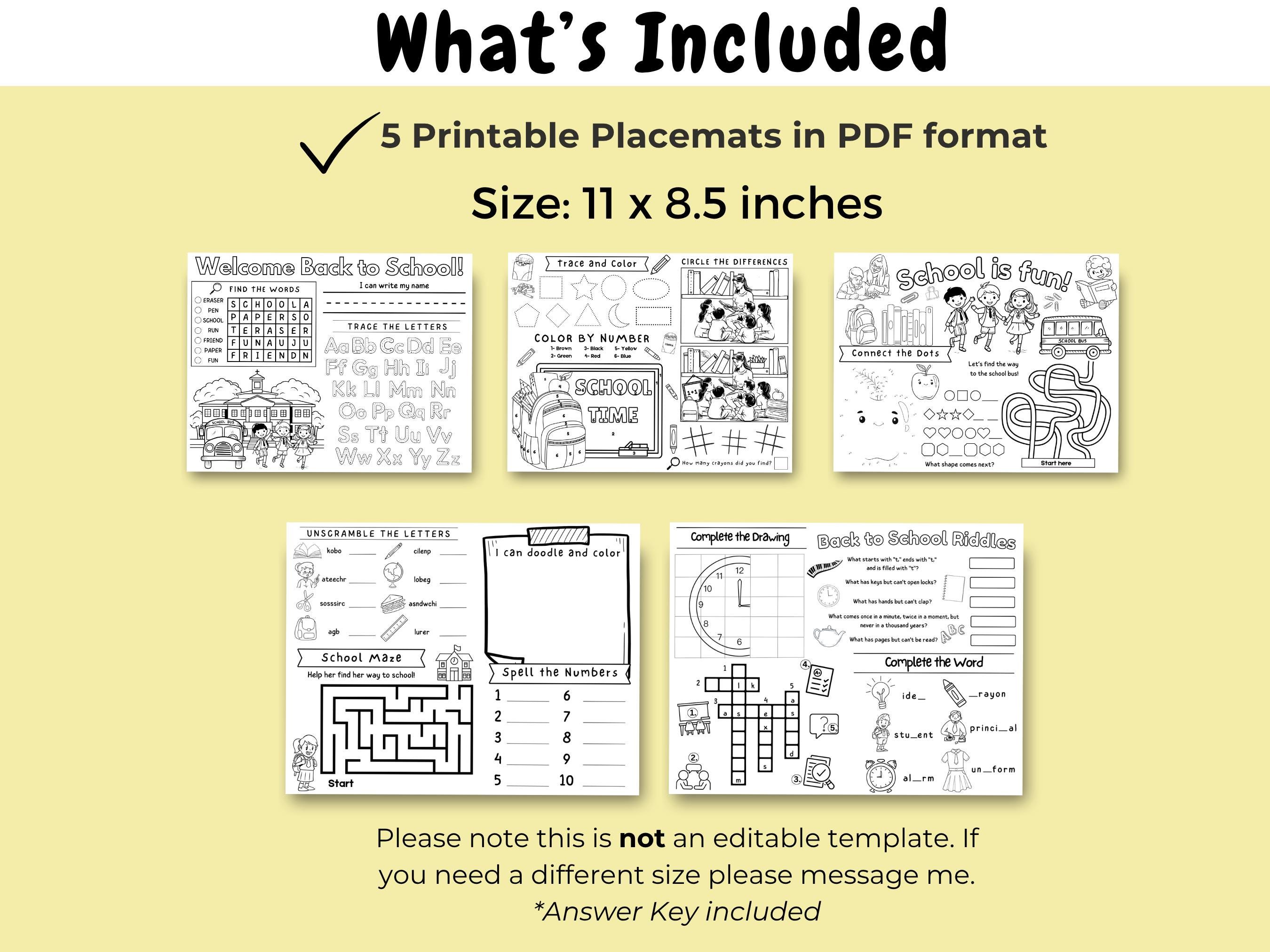 Back to School Placemats, Educational Activities, First Day of School ...