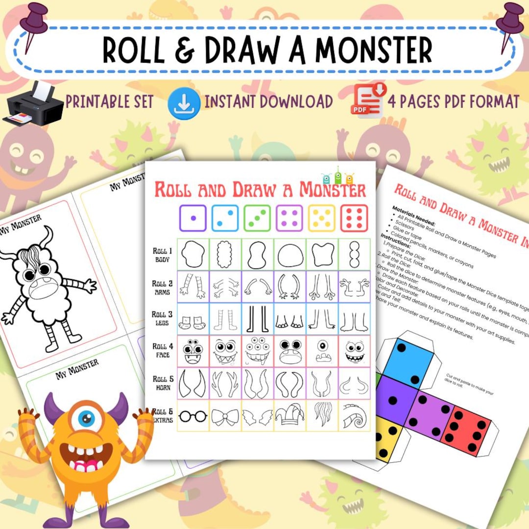 Roll & Draw a Monster Printable, Roll and Draw Activity, Preschool ...