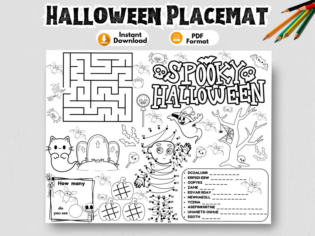 Spooky Halloween Activity Placemat, Halloween Coloring Page, Printable ...
