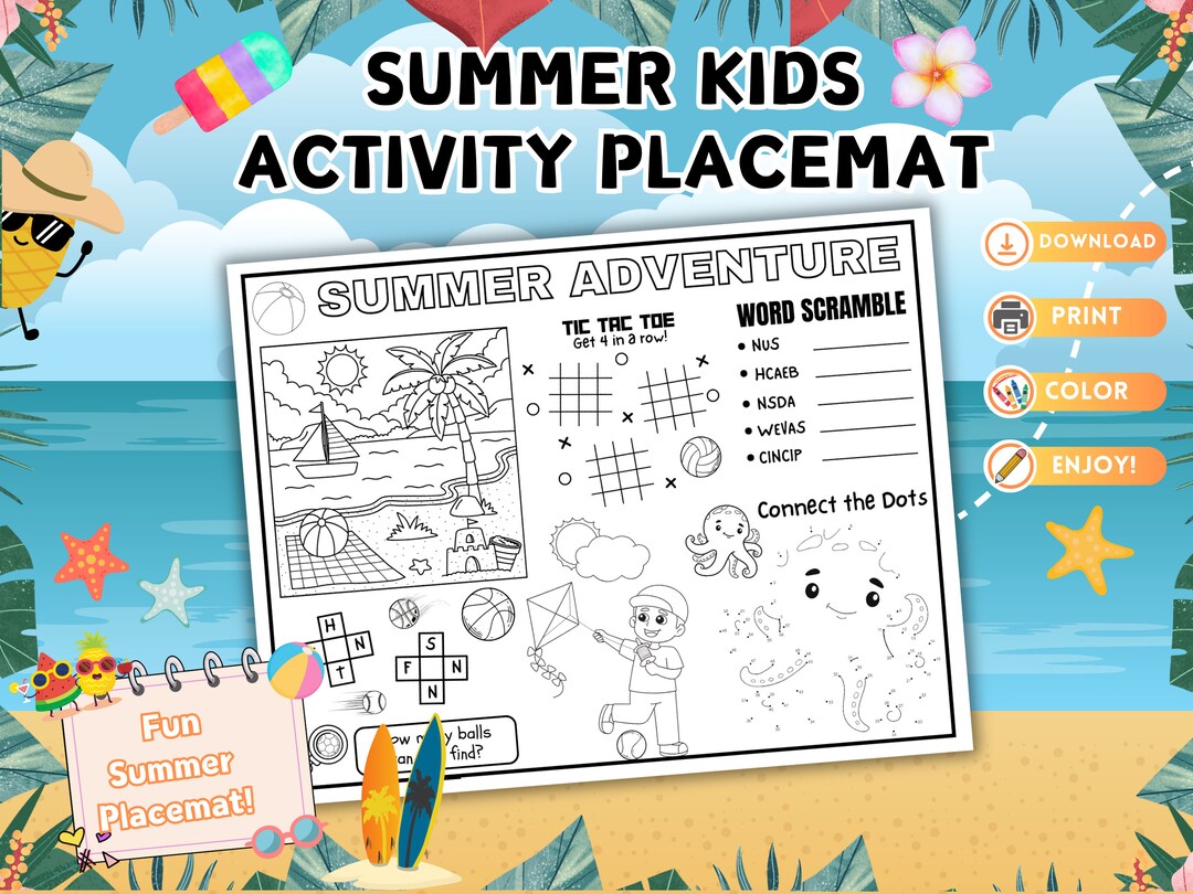 Kid's Summer Activity Placemat, Summer Coloring Page Craft, Summer ...