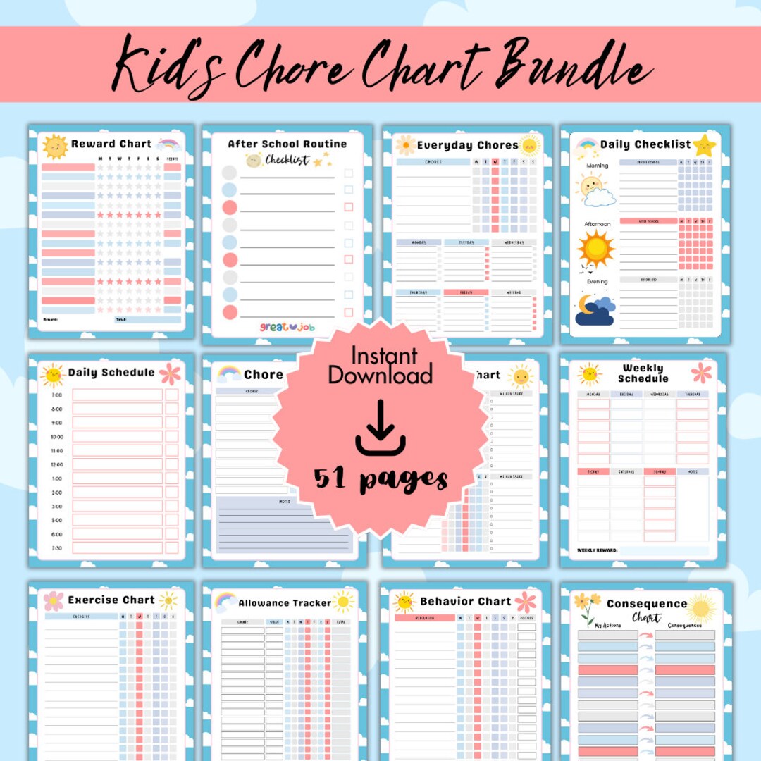 Kids Chore Chart Bundle, Kids Reward Chart, School Routine, Behavior ...