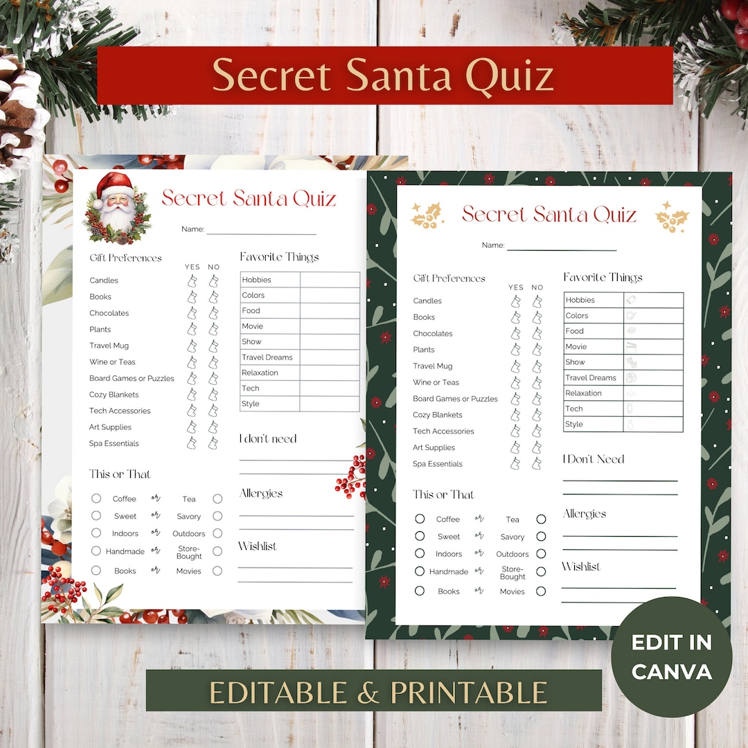 Secret Santa Quiz, Editable Secret Santa Questionnaire, Secret Santa ...