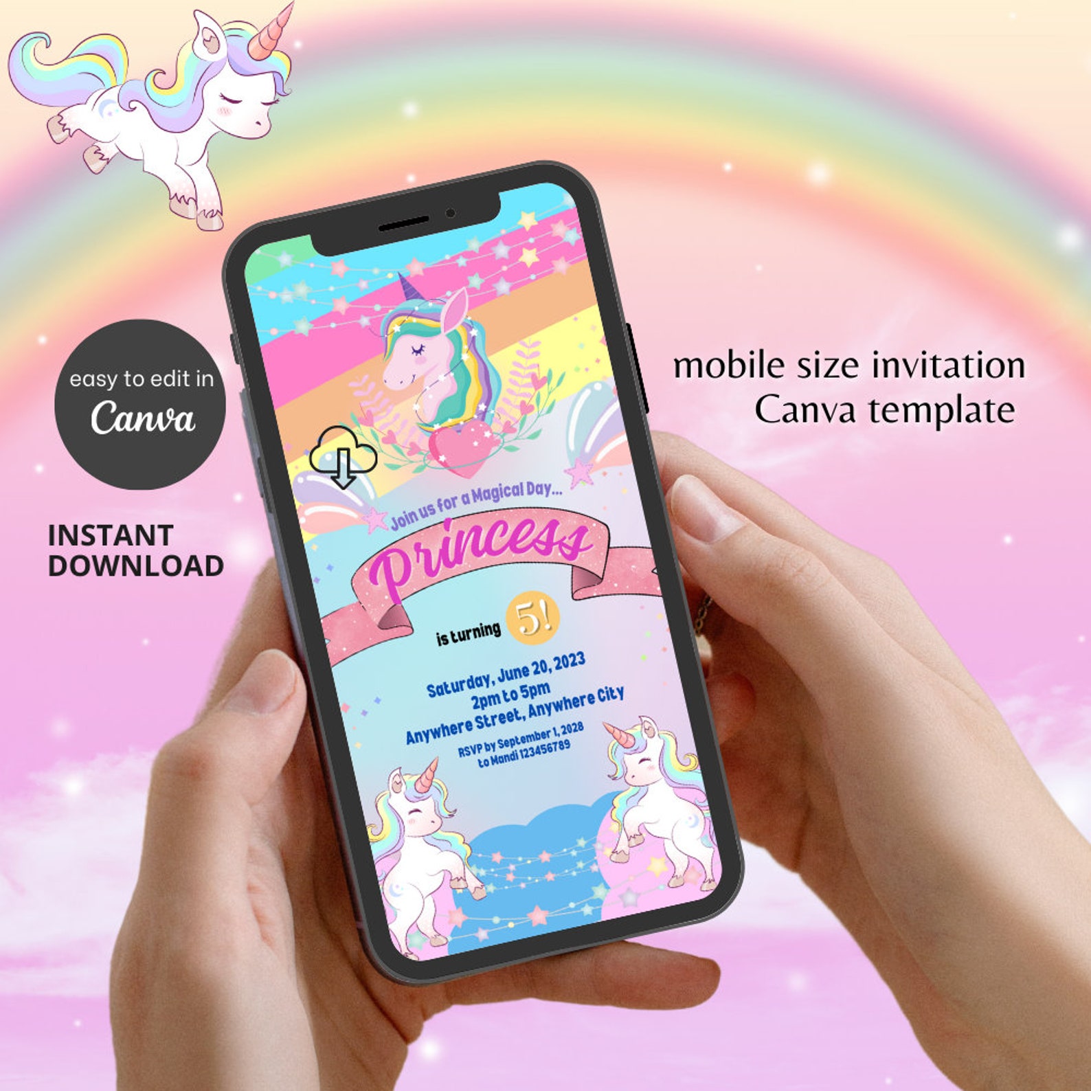 Unicorn Birthday Party Invitation Editable Rainbow Unicorn Party Invite ...