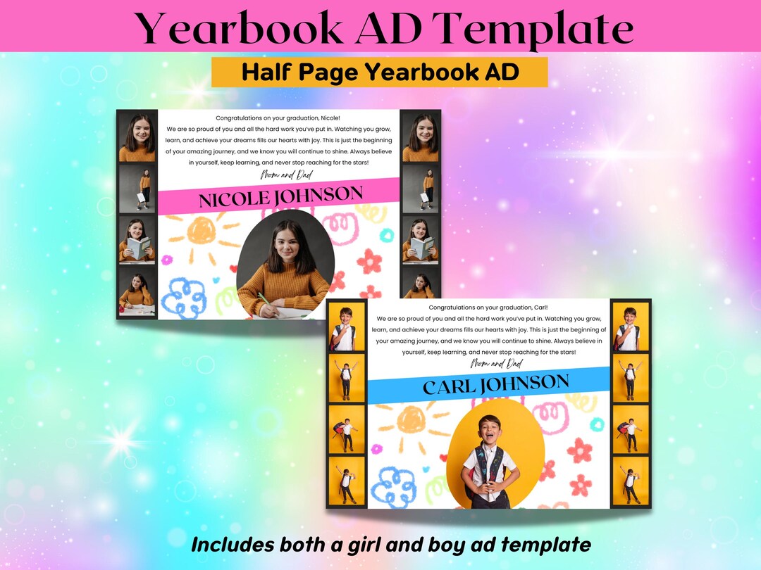 Elementary School Yearbook Ad Template Half Page, Editable Photo ...