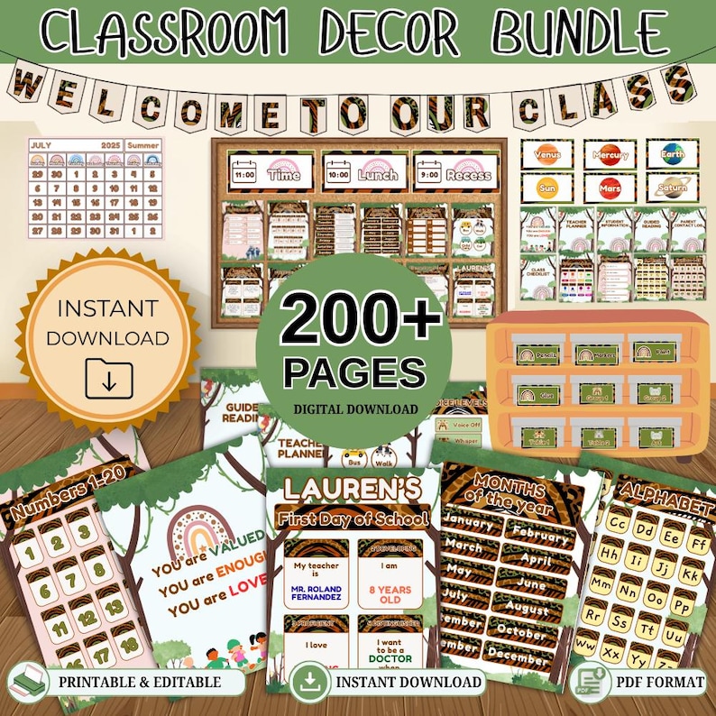 Boho Safari Classroom Decor Bundle, Editable Jungle Theme (digital ...