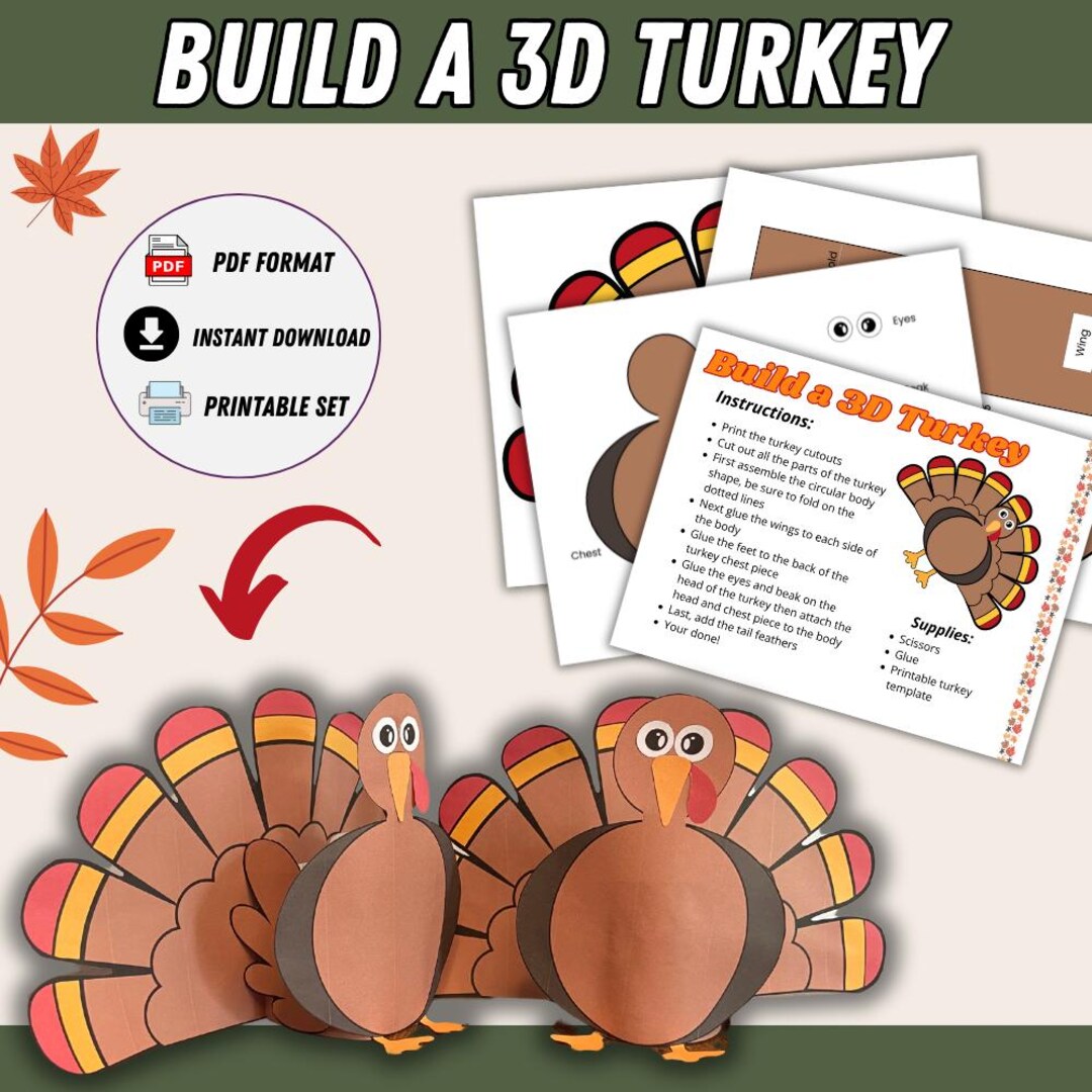 Build a 3D Turkey Craft, Fall Kids Cut & Paste Craft, Autumn Activity ...