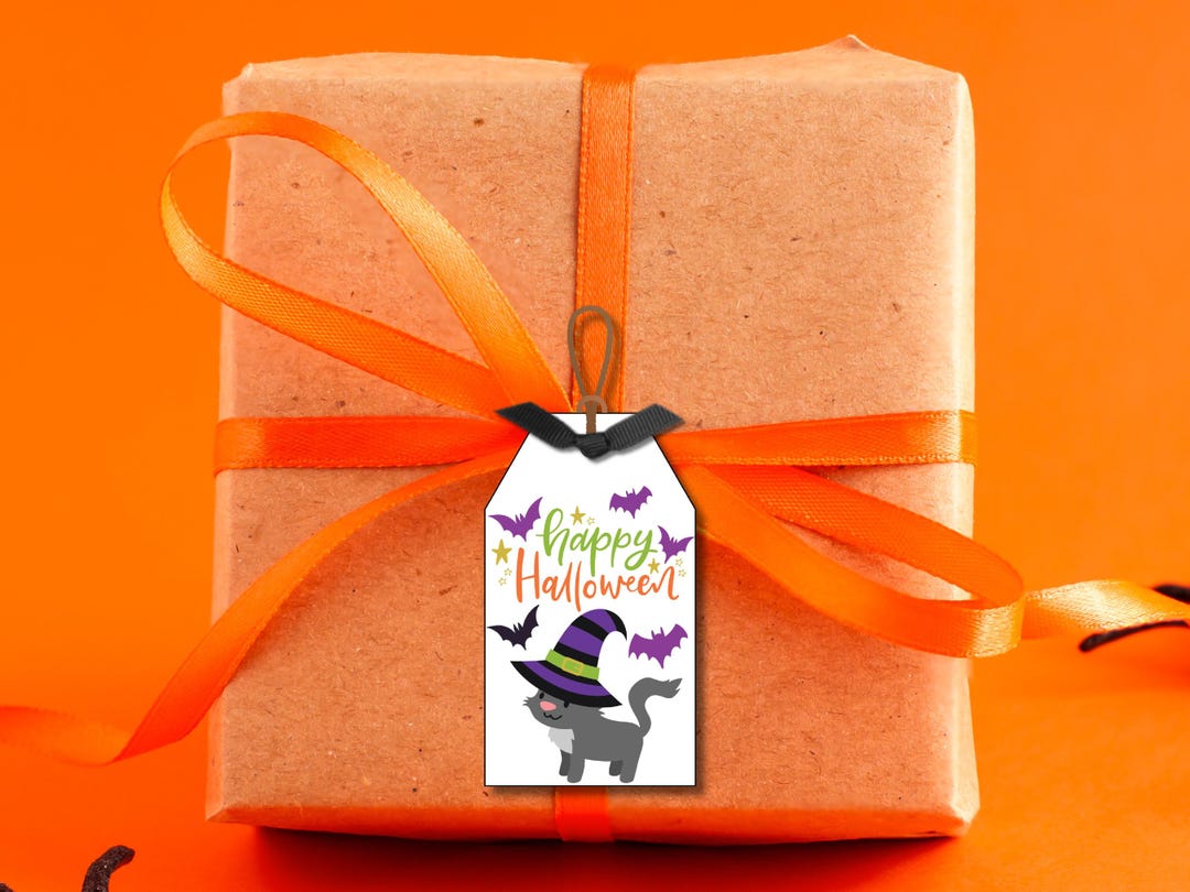 Happy Halloween Gift Tag Printable, Halloween Cat Gift Tag, Halloween ...