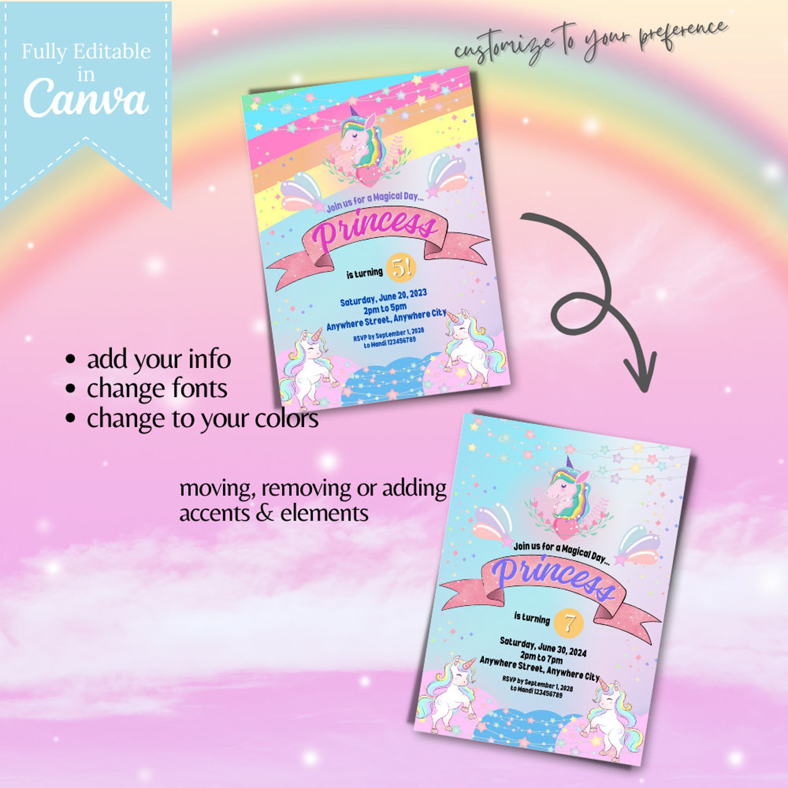 Unicorn Birthday Party Invitation Editable Rainbow Unicorn Party Invite ...
