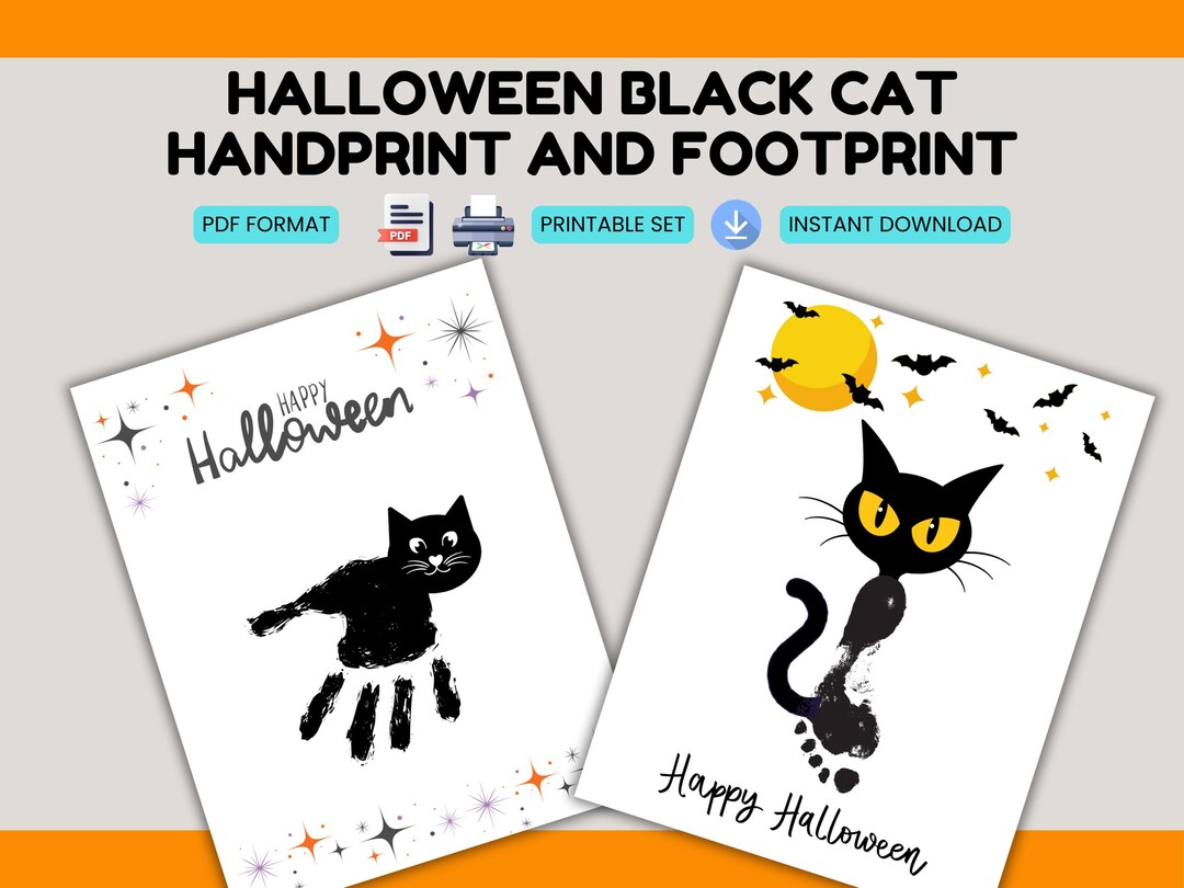 Halloween Black Cat Handprint & Footprint Art, Printable Black Cat ...