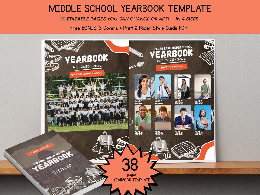 Editable Middle School Yearbook Template, 38 Page Student Photo Book ...
