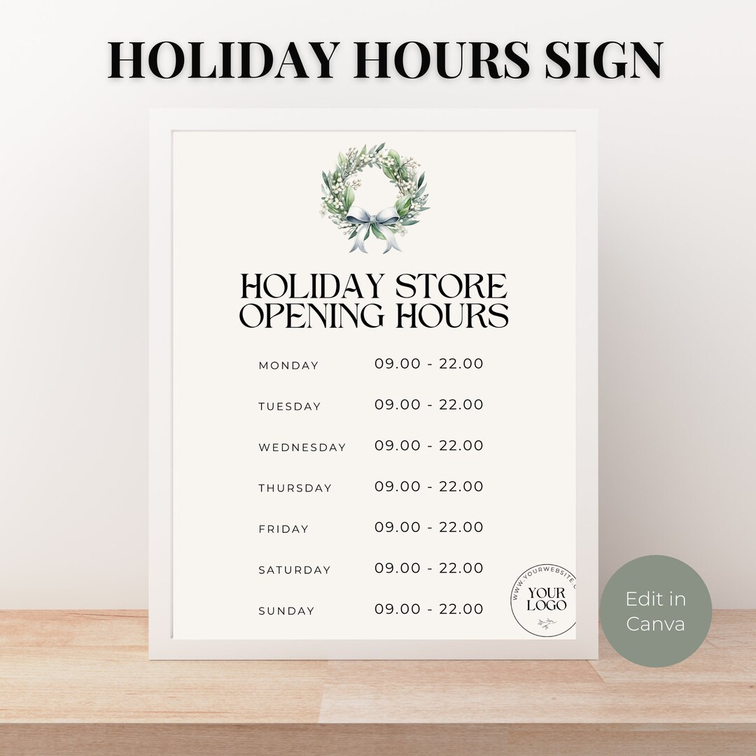 Christmas Store Hours Sign, Editable Holiday Business Hours Template ...