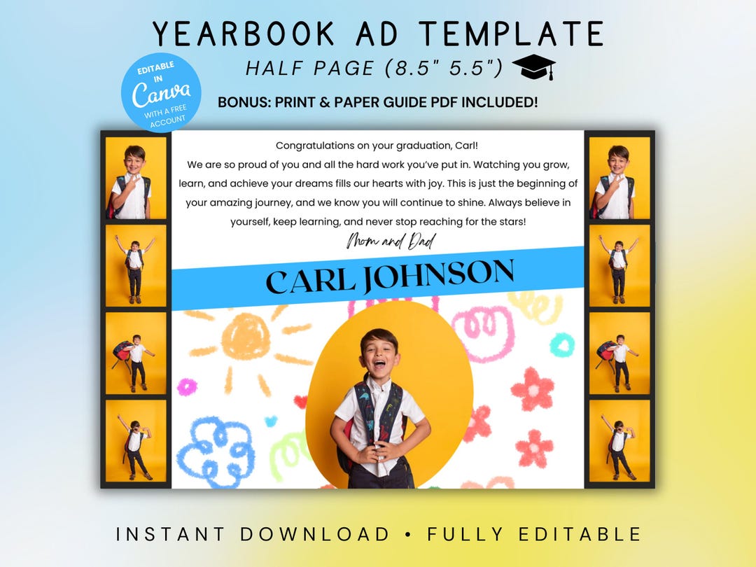 5th Grade Yearbook Ad Boy, Editable Half Page Elementary Graduation ...