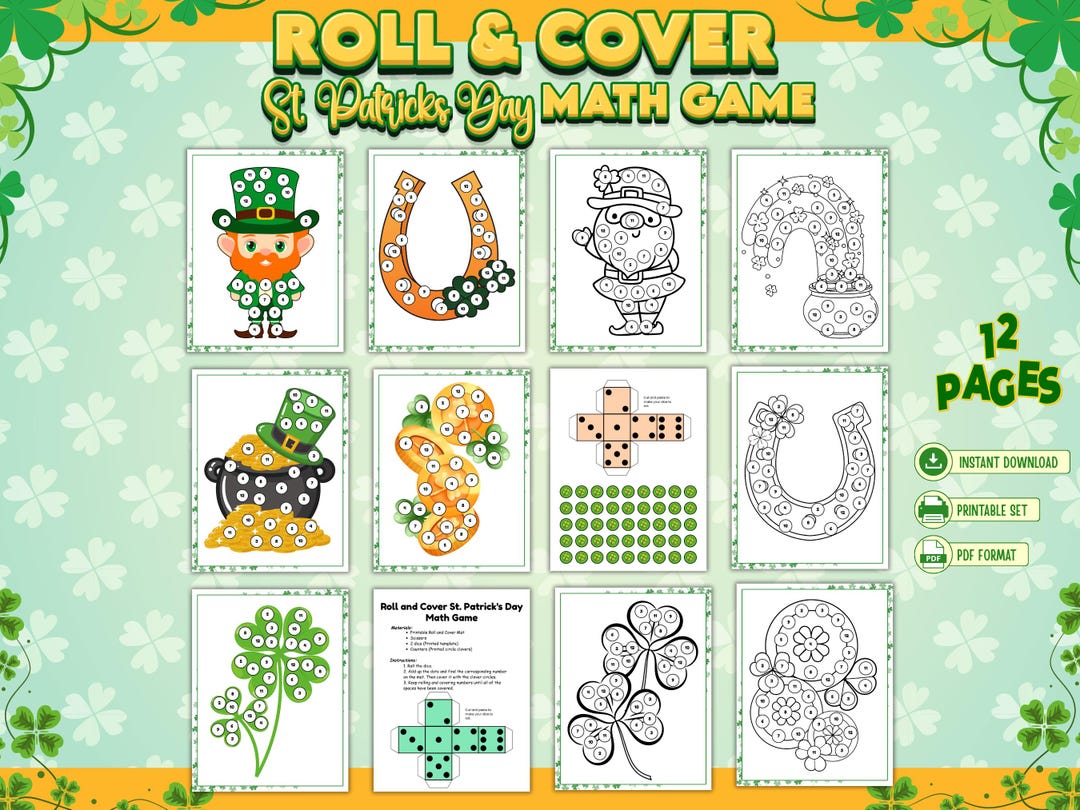 St Patricks Day Roll and Cover Math Game, Printable Kids Activity, 12 ...