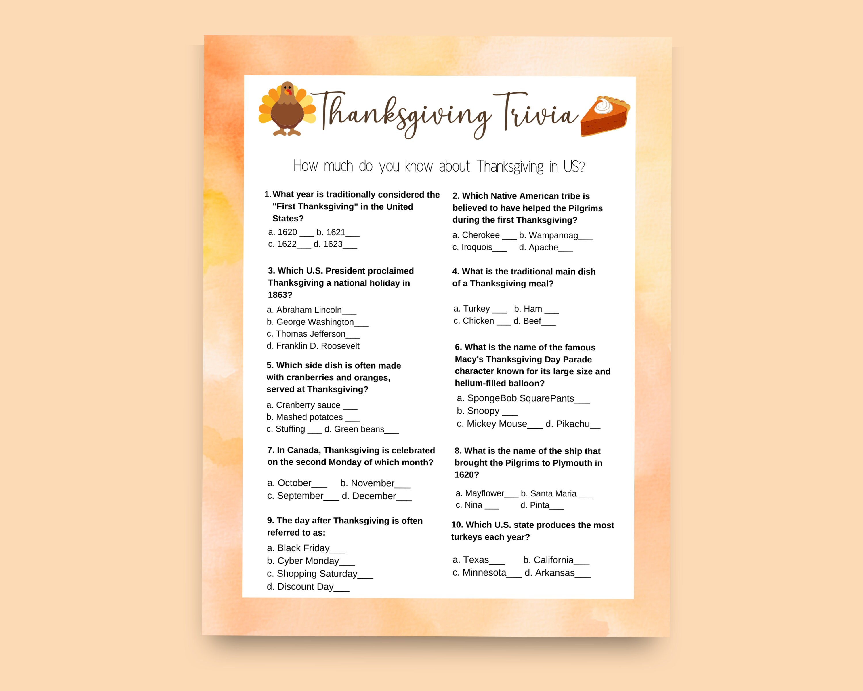 Thanksgiving Trivia Game Printable, Thanksgiving Party Game ...