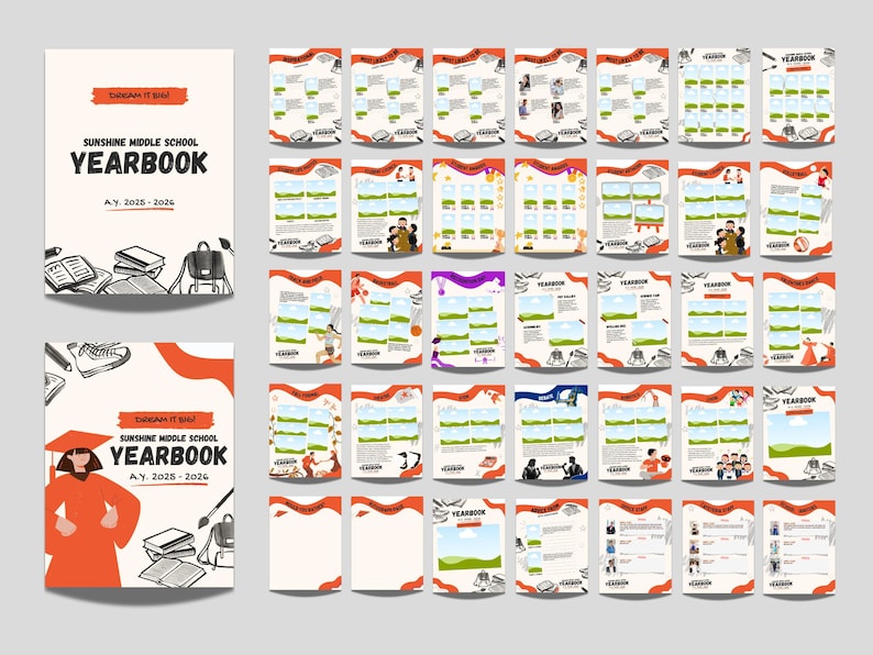 Middle School Yearbook Template, Editable Canva Yearbook Page Layouts ...
