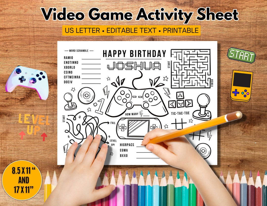 CUSTOM Video Game Birthday Party Activity Placemat, Coloring Page ...