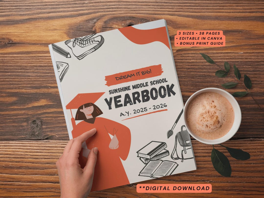 Middle School Yearbook Template, Editable Canva Yearbook Page Layouts ...