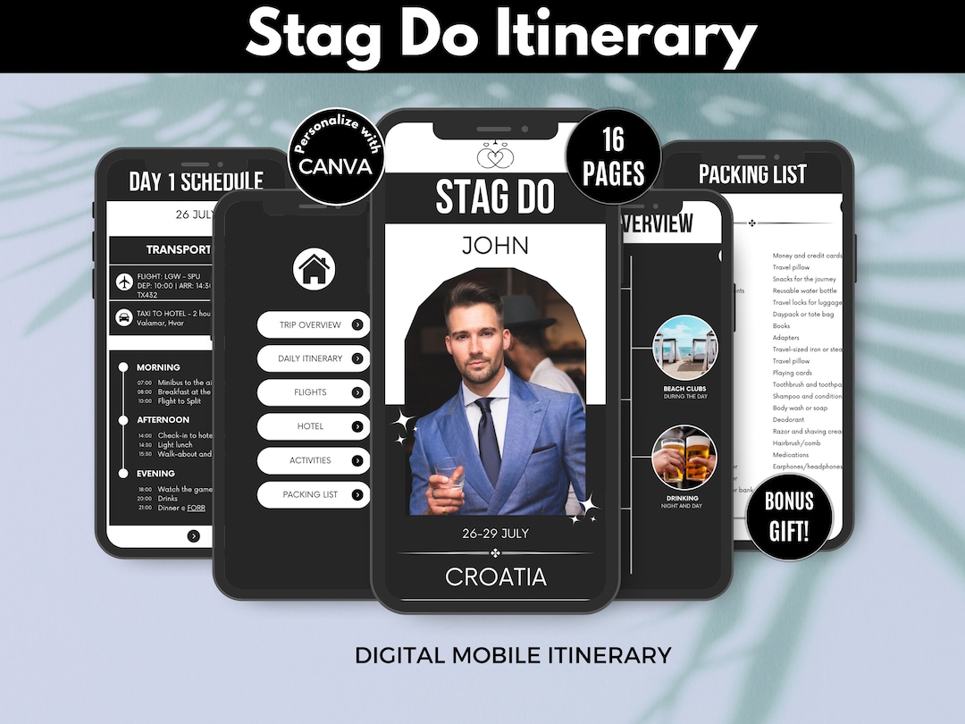 Stag Do Itinerary Canva Template, Bachelor Party Plan, Custom Editable ...
