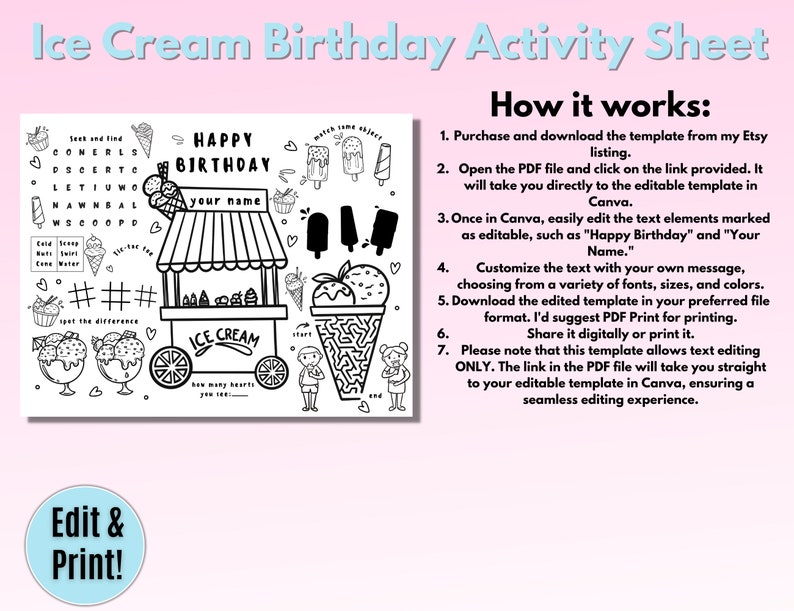 CUSTOM Ice Cream Birthday Party Activity Placemat Kids - Etsy