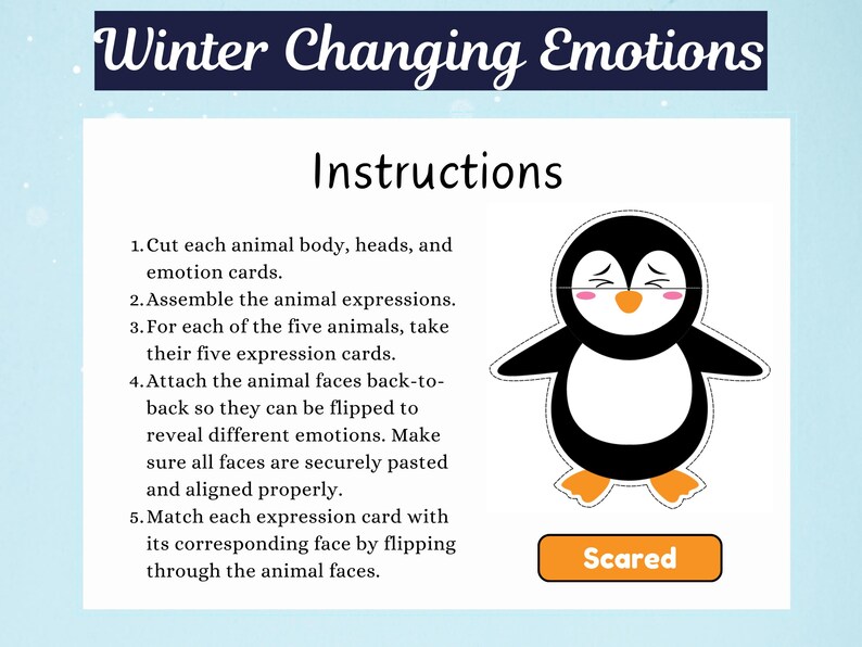 Winter Emotion Cards Printable, Feelings Animal Cards for Kids, Indoor ...