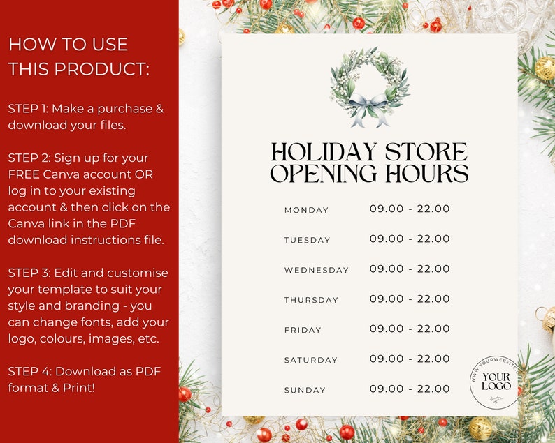 Christmas Store Sign, Holiday Operating Times, Editable Small Business ... Christmas Store Sign, Holiday Operating Times, Editable Small Business ...