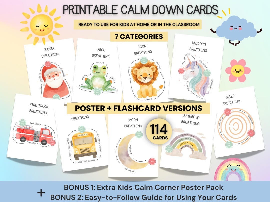 Editable Printable Calm Down Cards for Kids, Breathing Exercises ...