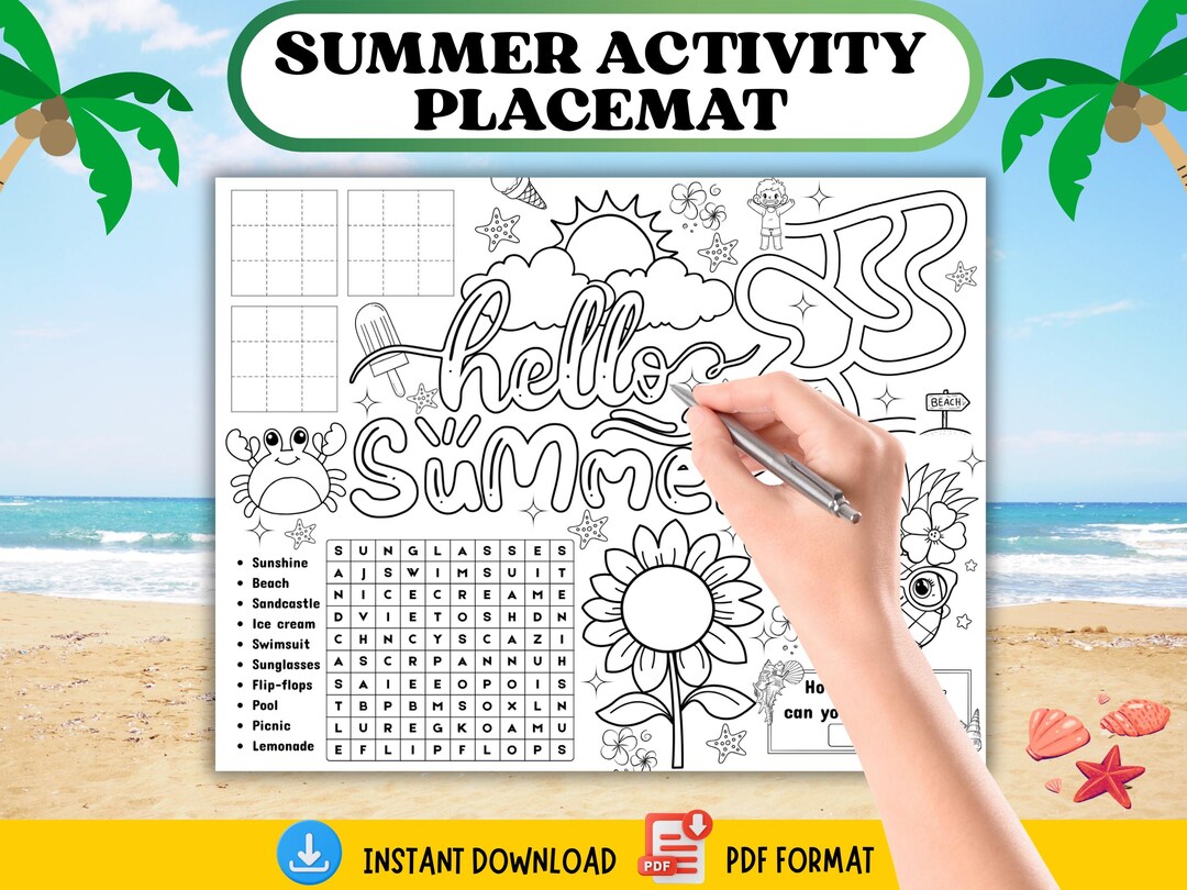 Summer Activity Placemat, Summer Coloring Placemat, Printable Summer ...