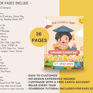 Elementary Yearbook Template, Editable Canva Yearbook, School Memory ...
