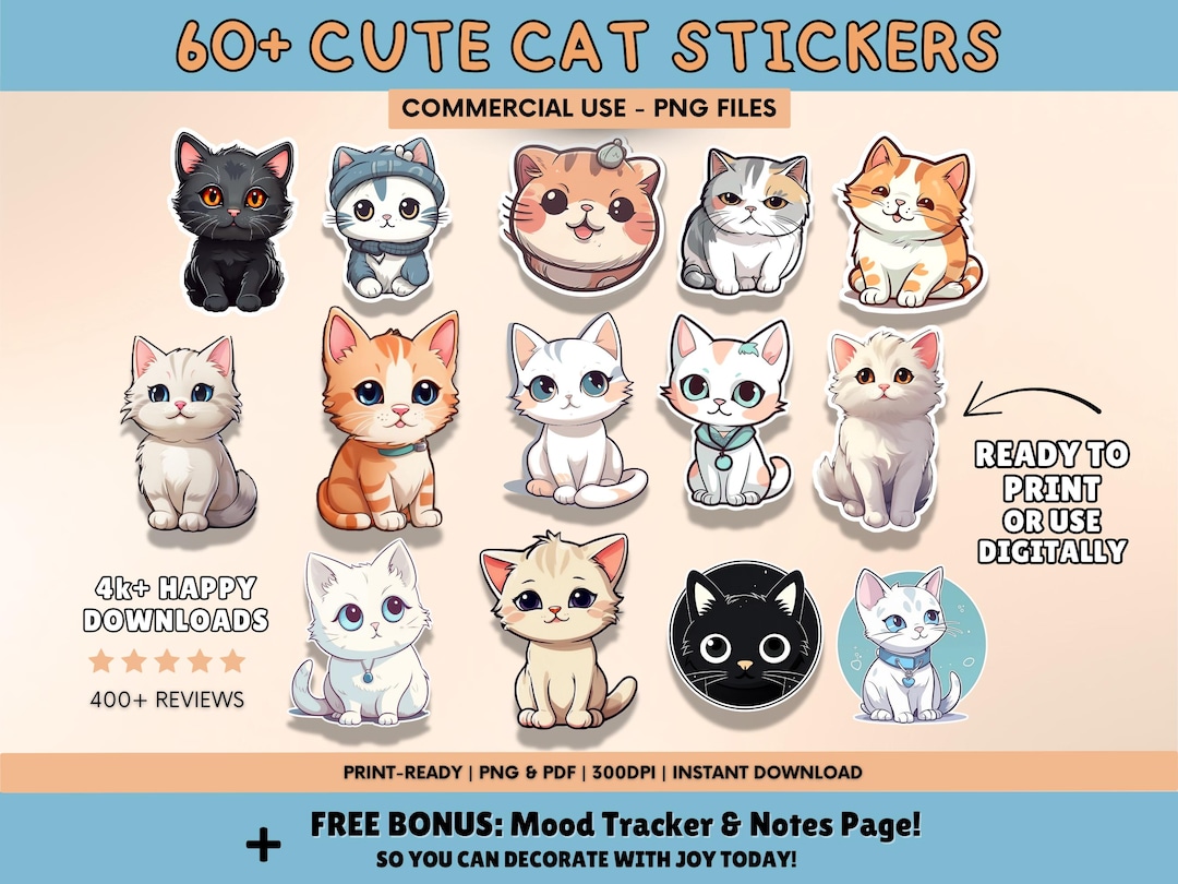Cute Cat Digital Stickers Bundle - Kawaii Cat Printable Stickers, Kitty ...
