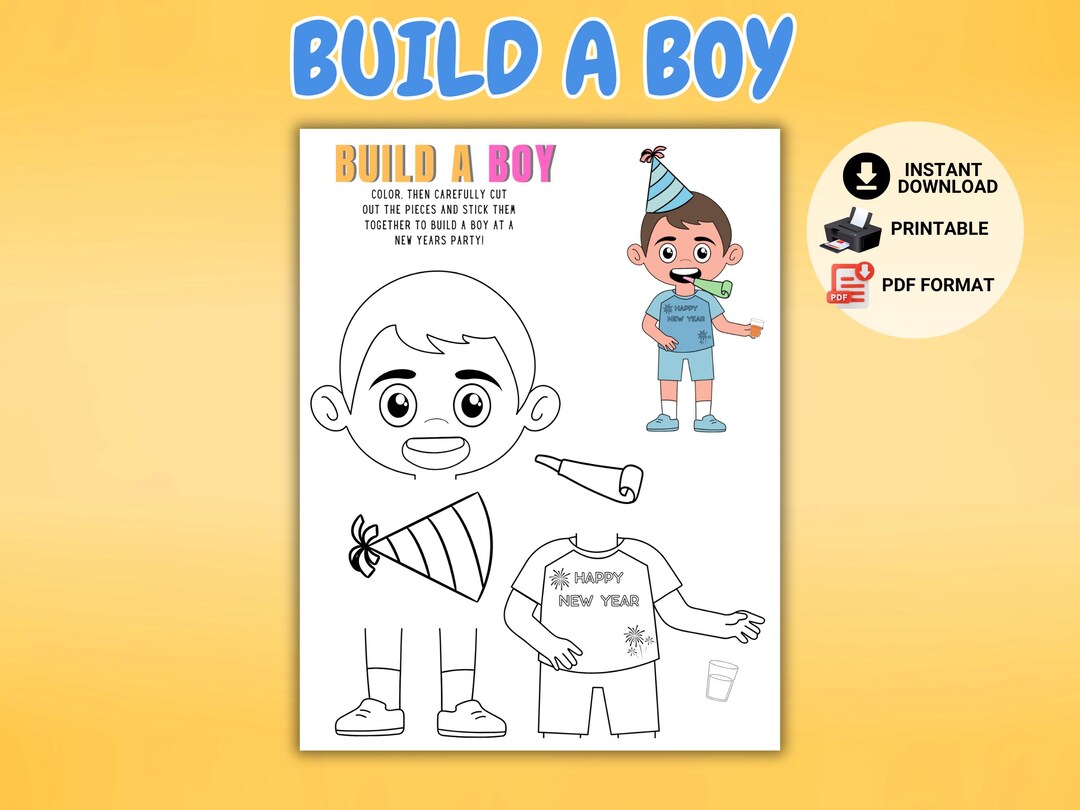 Build a New Years Boy Craft, New Years Kids Activities, Printable Build ...