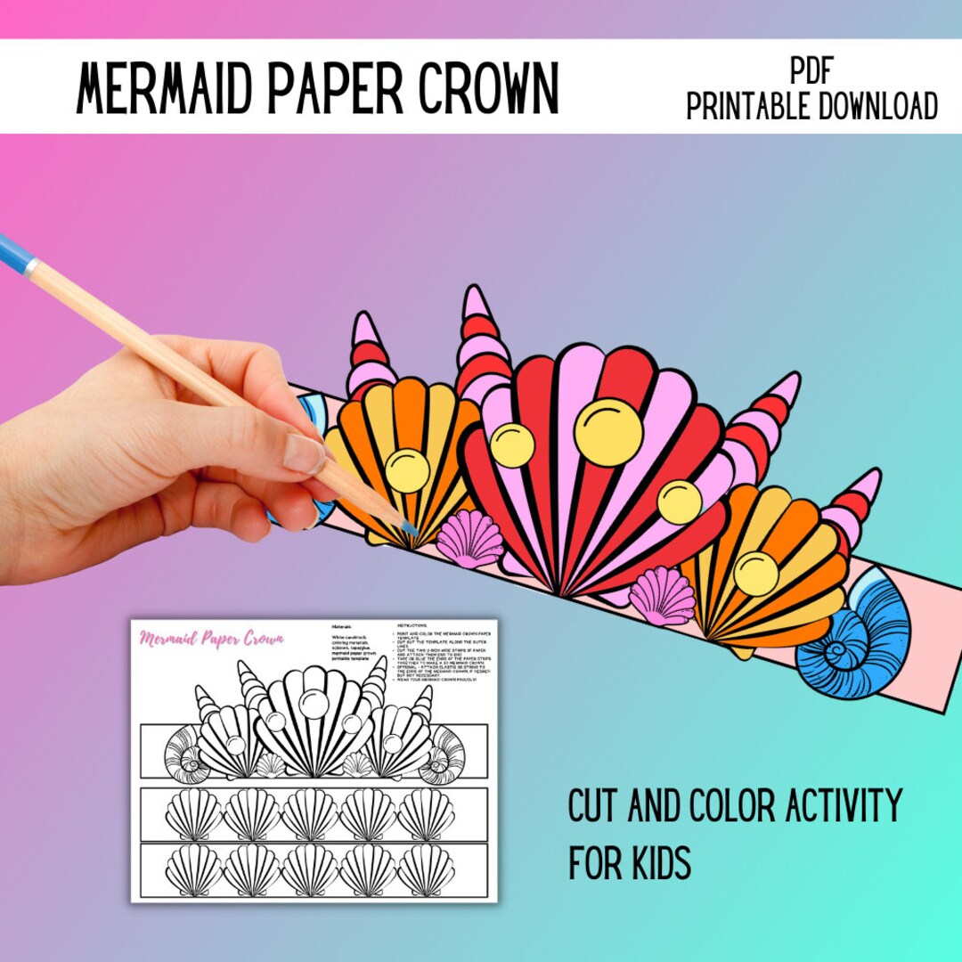 Mermaid Paper Crown Craft, Mermaid Kids Coloring Craft, Kids Mermaid ...